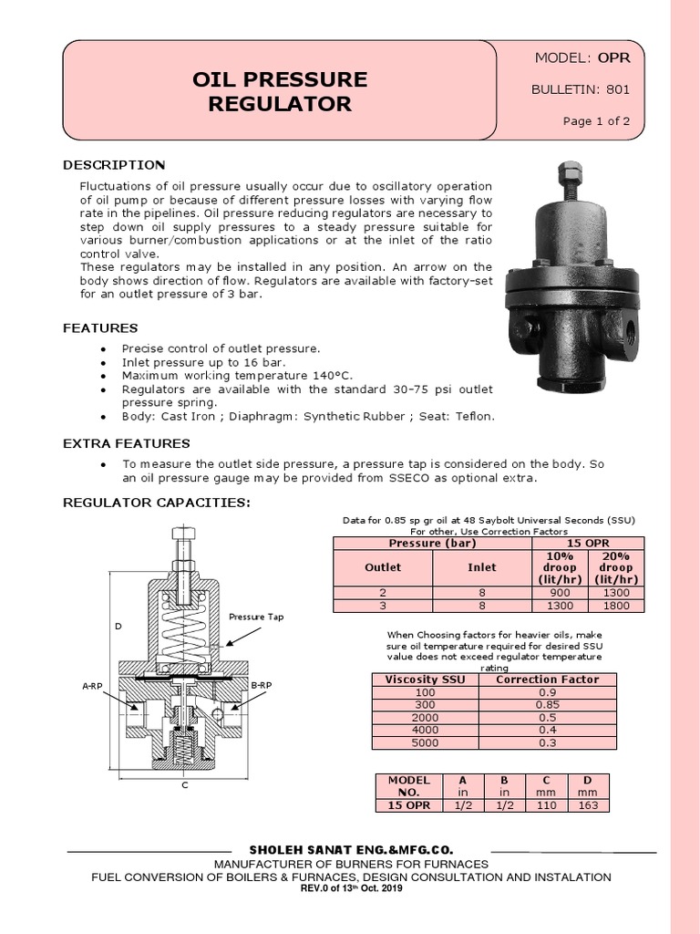 Oil Pressure Regulator Specifications | PDF | Gases | Energy Technology