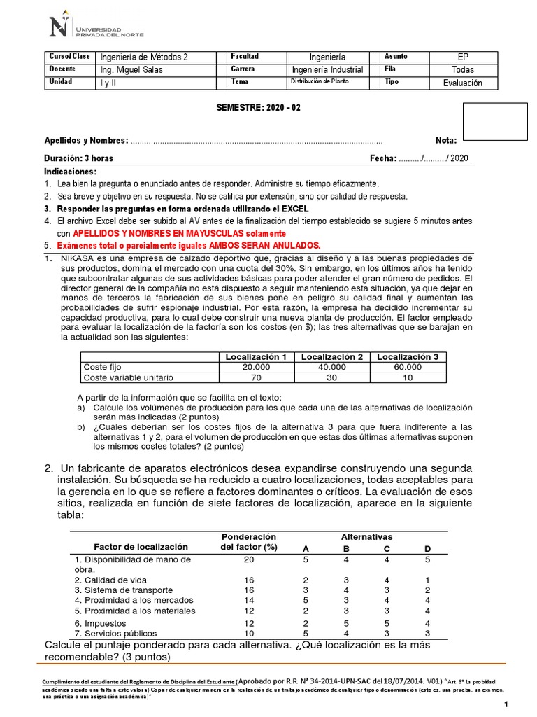 Examen Parcial - IM2 2020 02 7917 PDF | PDF | Prueba (evaluación) | Business