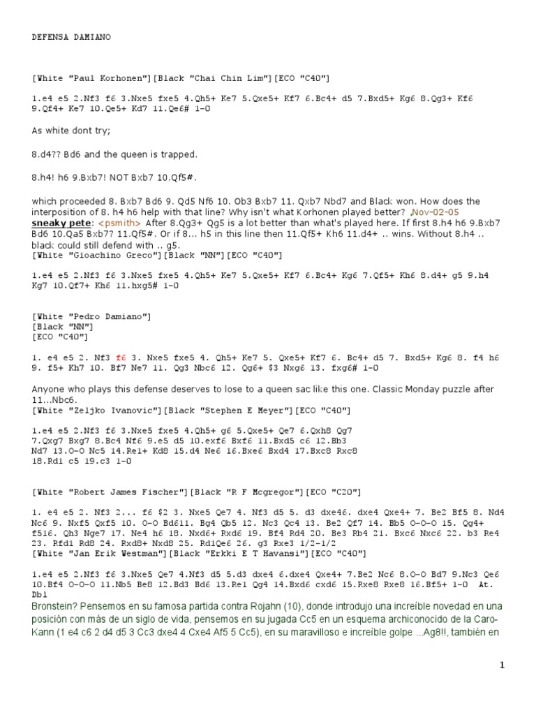 Defensa Damiano | PDF | Juegos competitivos | Aperturas de ajedrez