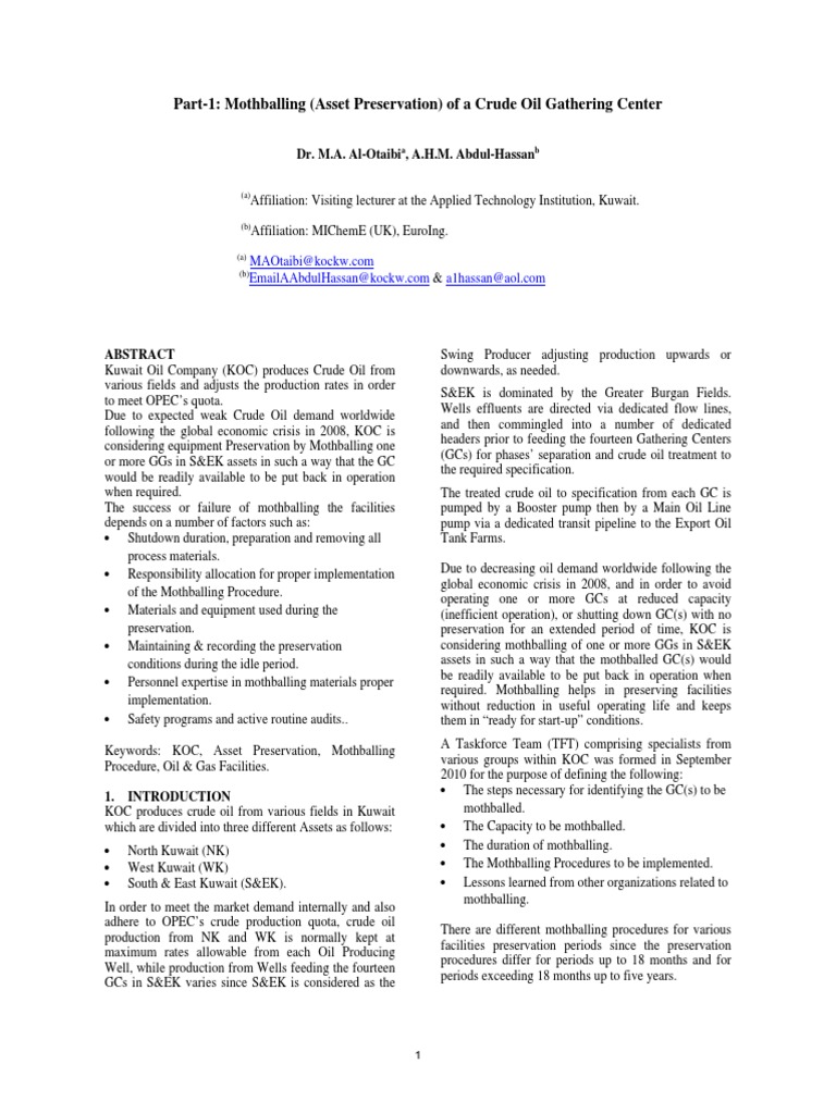 Mothballing Crude Oil Centers Guide | PDF | Corrosion | Petroleum