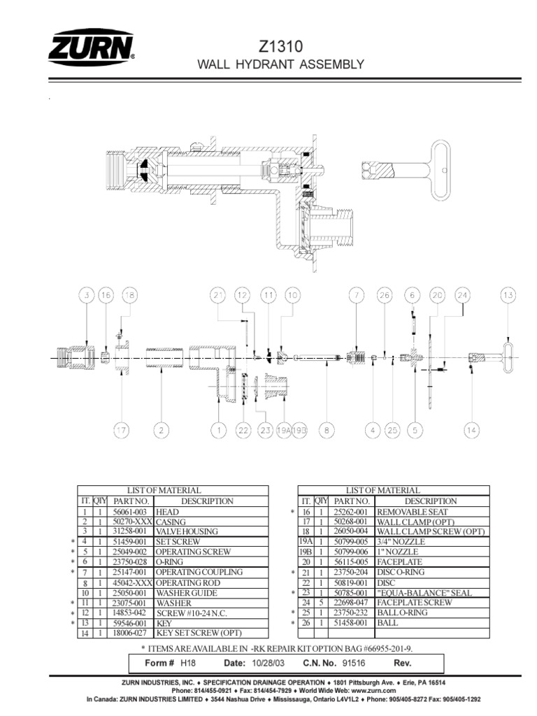 List of Material-Assembly - Model Z1310 Wall Hydrant - Zurn | PDF