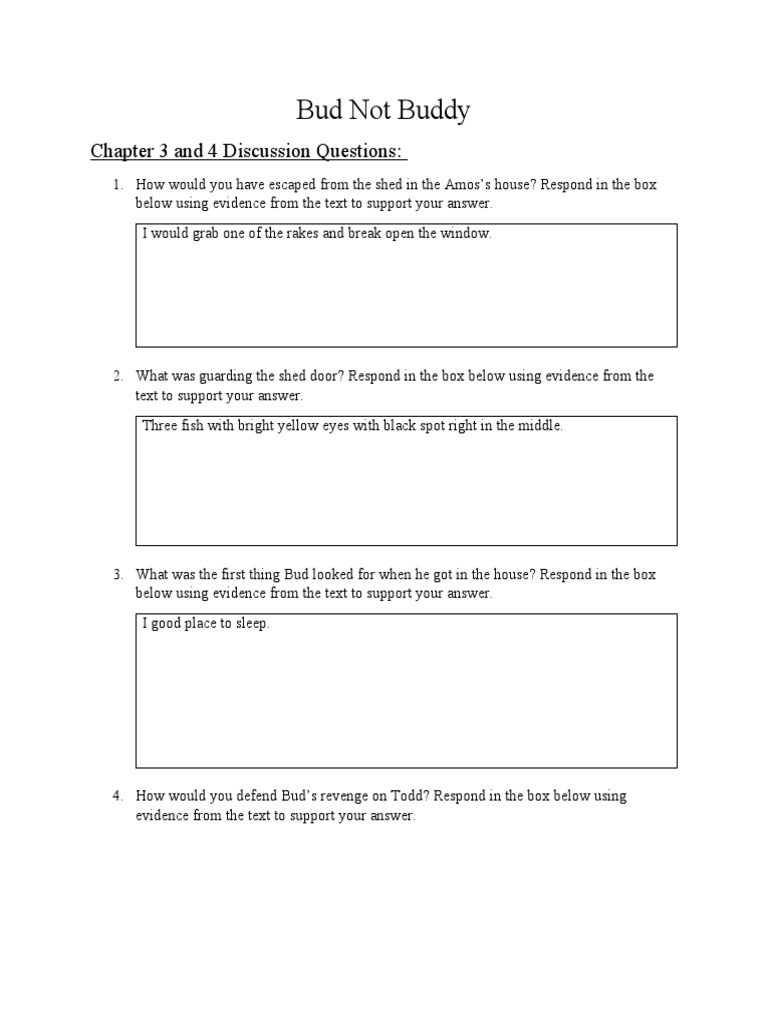 Bud Not Buddy Chapter 3 and 4 Discussion Questions | PDF