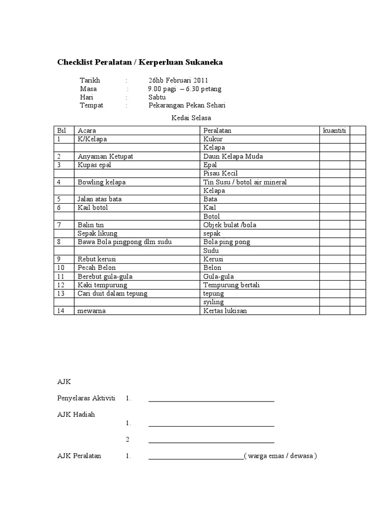 Checklist Peralatan Sukaneka Perpaduan KRT Kedai Menanti | PDF