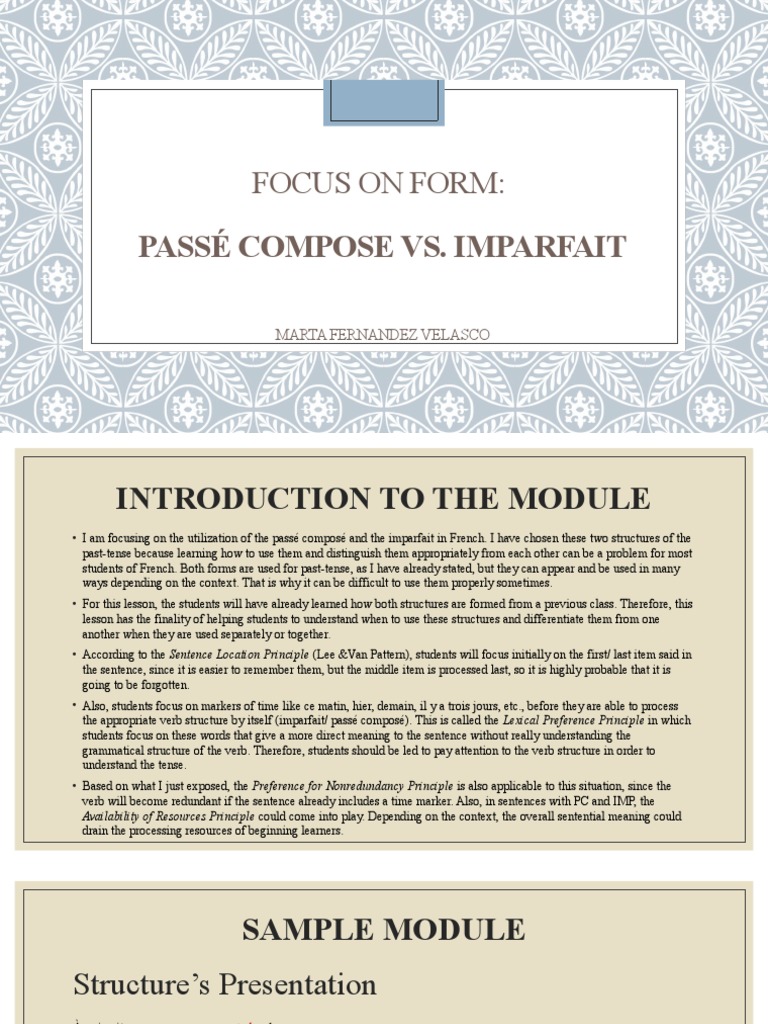 Focus On Form:: Passé Compose vs. Imparfait | PDF | Verb | Syntax