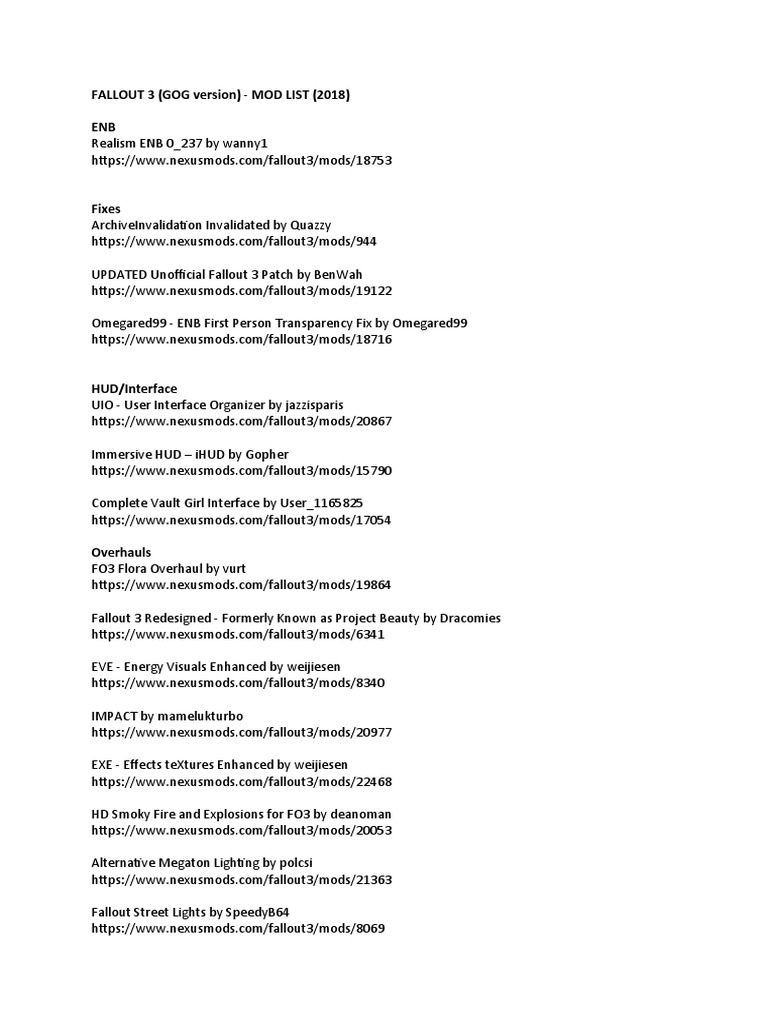 FALLOUT 3 - Mod List 2018 | PDF | Leisure | Sports