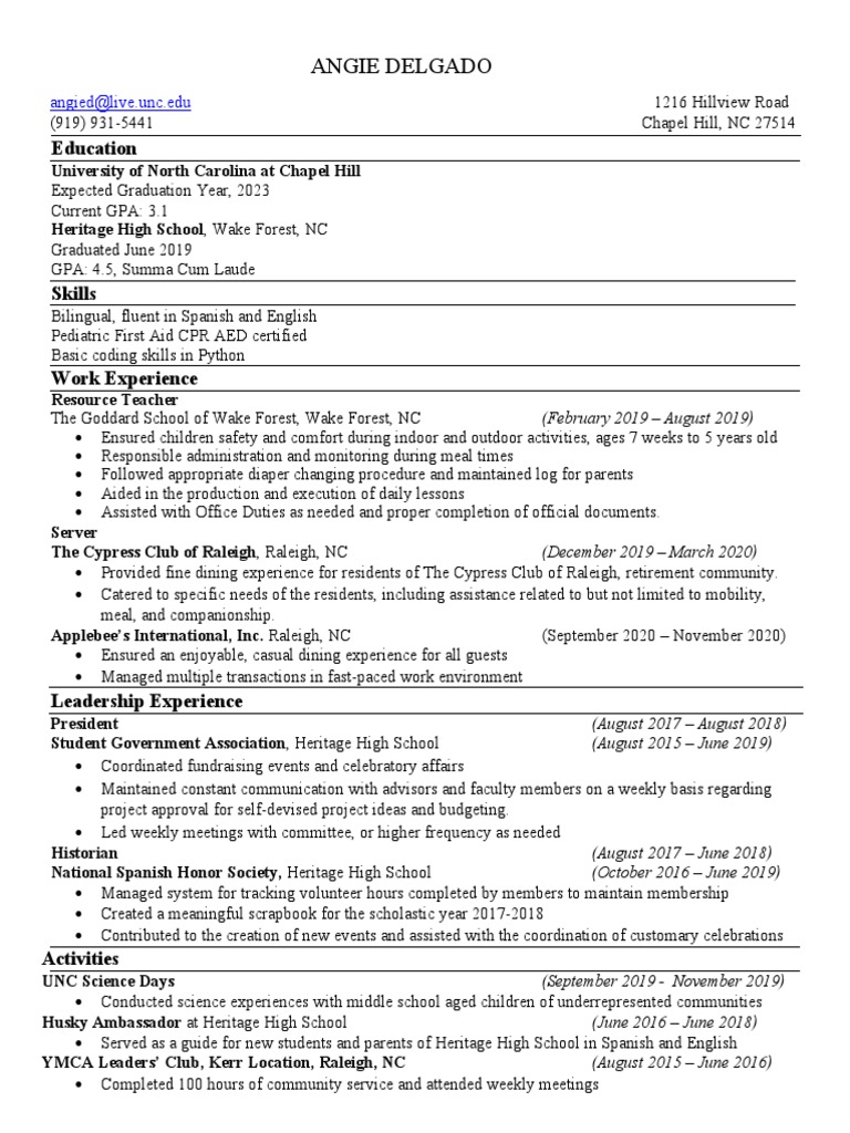 Resume December 2020 | PDF | University Of North Carolina At Chapel Hill | Learning