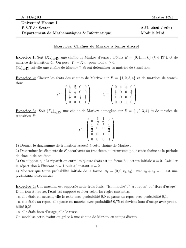 TD1 Master RSI 2020 2021 PDF | PDF | Chaîne de Markov | Probabilité