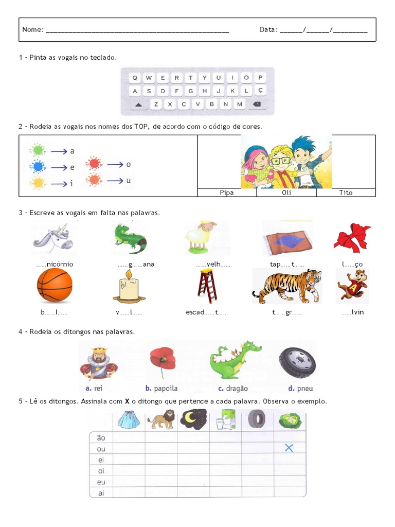 Ficha de Trabalho - Vogais e Ditongos | PDF