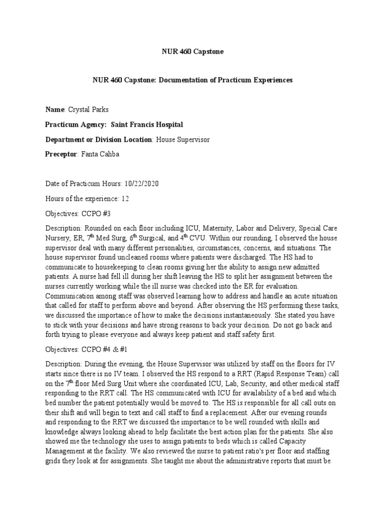 Nur 460 Capstone Practicum Experience 1 | PDF | Patient | Intensive ...