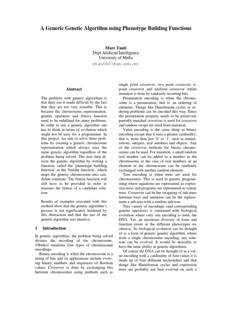 A Generic Genetic Algorithm Using Phenotype Building Functions Pdf