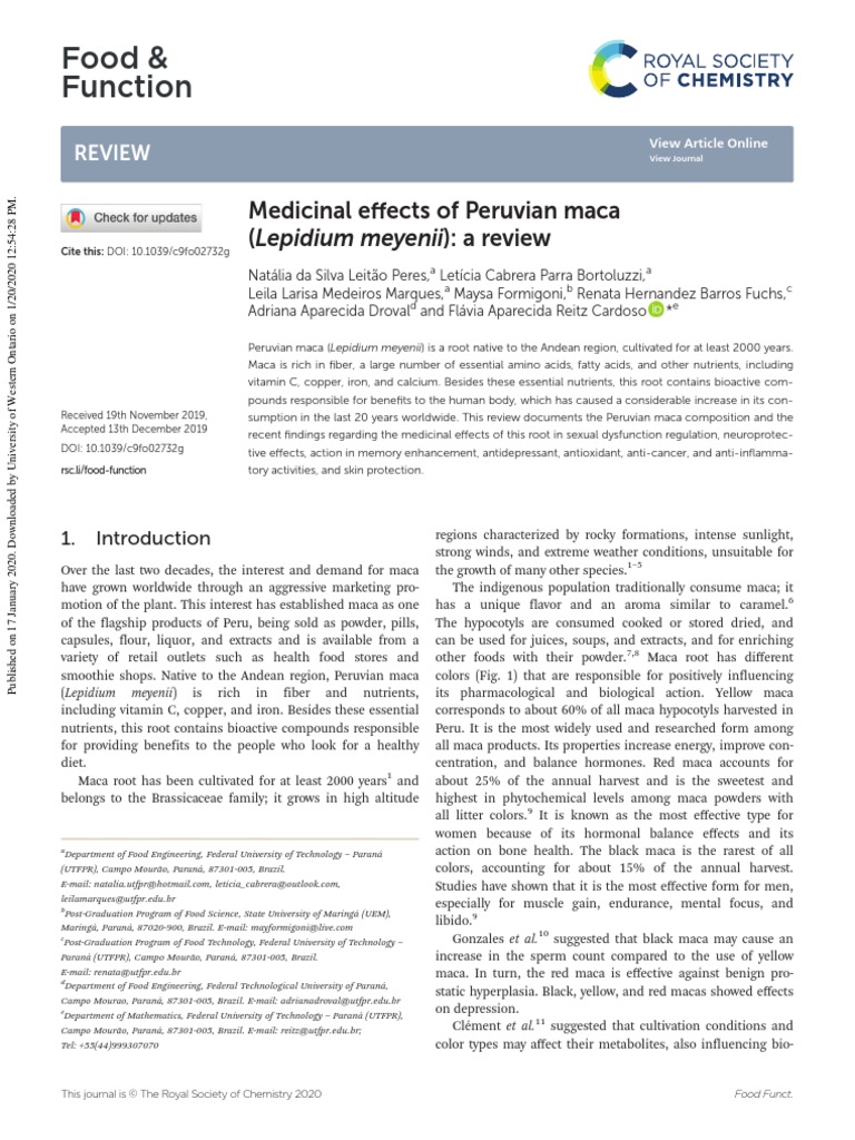 Food & Function: Medicinal e Ffects of Peruvian Maca (Lepidium Meyenii ...