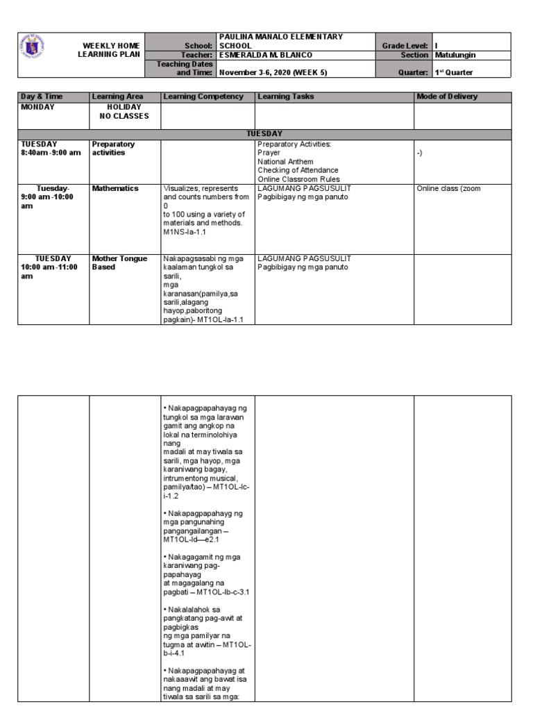 WEEKLY HOME PLAN Grade 1 1st Quarter Week 5 | PDF