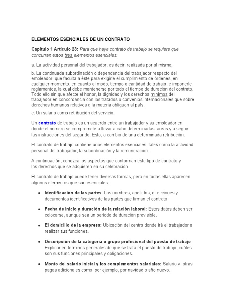 Elementos Esenciales de Un Contrato | PDF | Salario | Derecho laboral