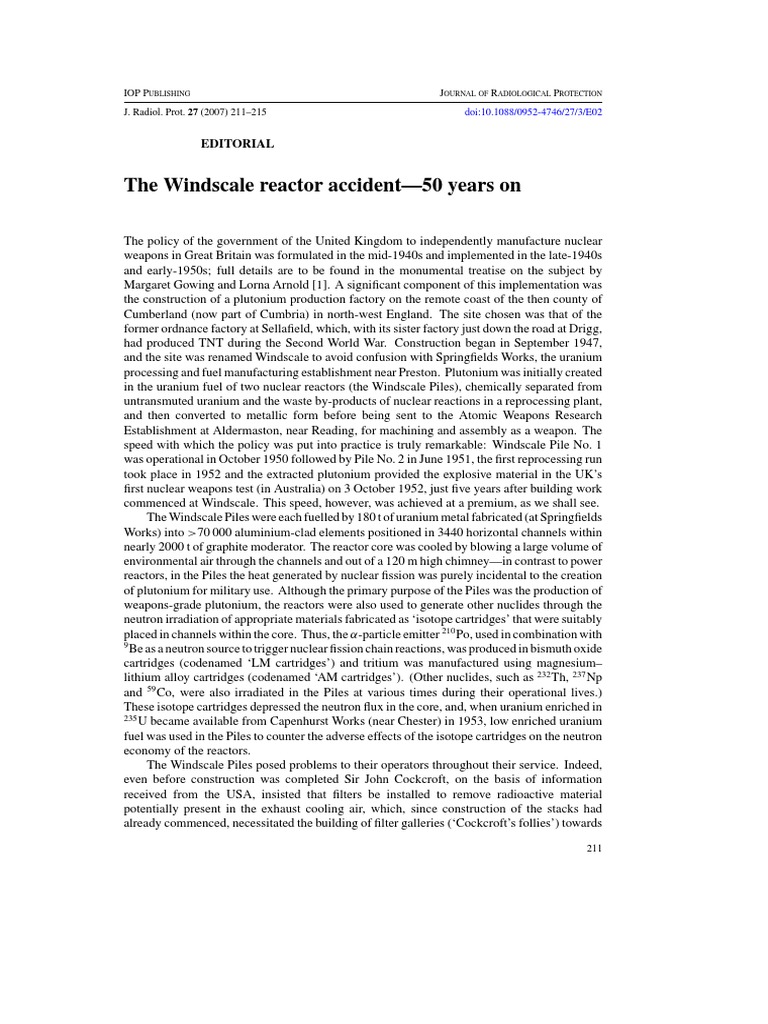 The Windscale Reactor Accident-50 Years On: Editorial | PDF | Nuclear ...