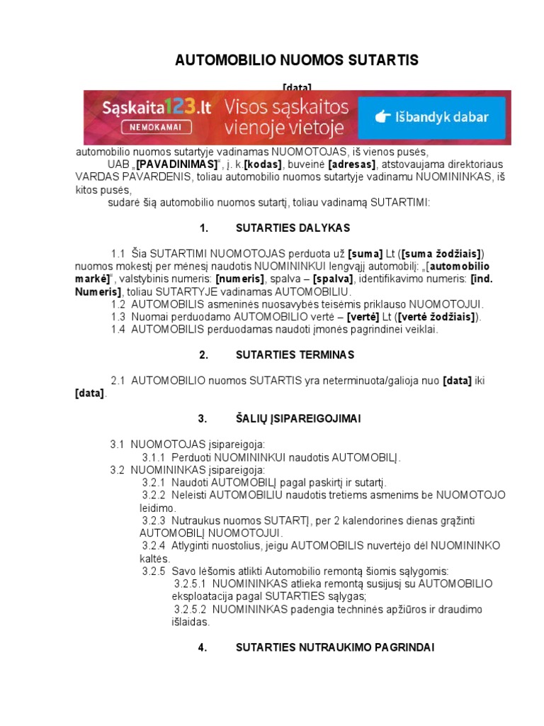 Automobilio Nuomos Sutartis Tarp Fiz Ir Imones | PDF
