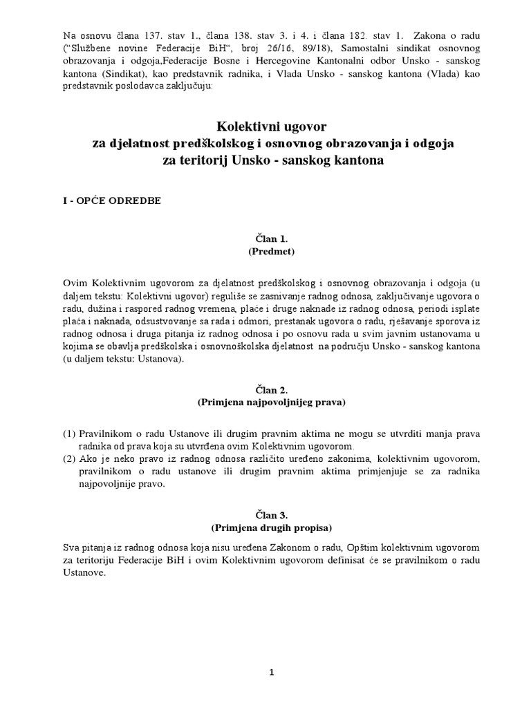 Kolektivni Ugovor Za Osnovno Obrazovanje PDF | PDF