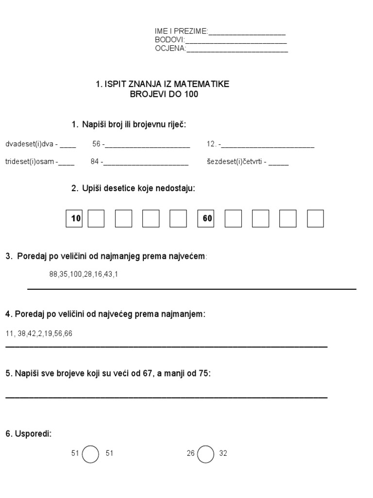 Ispit Znanja-Brojevi Do 100 Nera | PDF