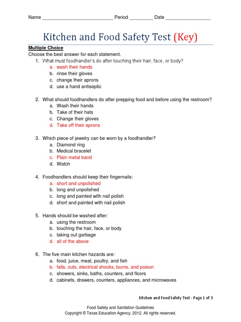 Kitchen and Food Safety Test: Multiple Choice | PDF | Cookware And ...