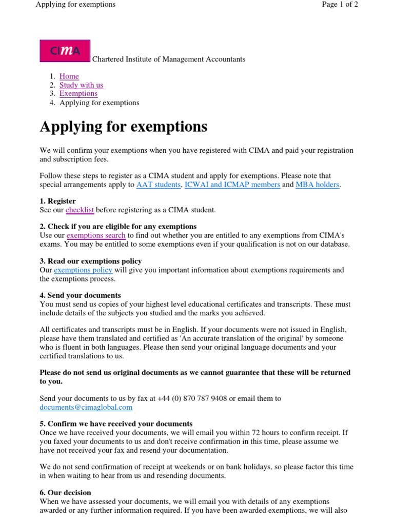 Applying For Exemptions - Cima | PDF | Fee | Receipt