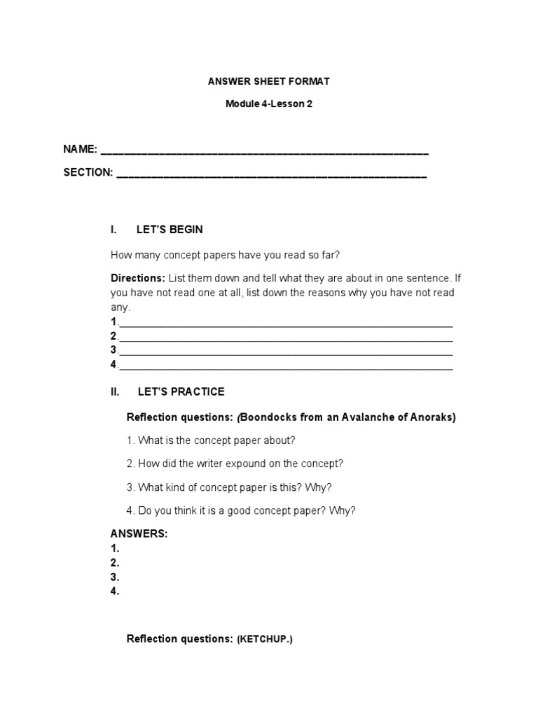 Answer Sheet Format Module 4-Lesson 2 | PDF