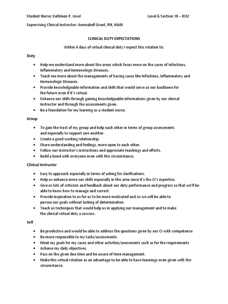 Clinical Duty Expectations | PDF | Goal | Educational Assessment