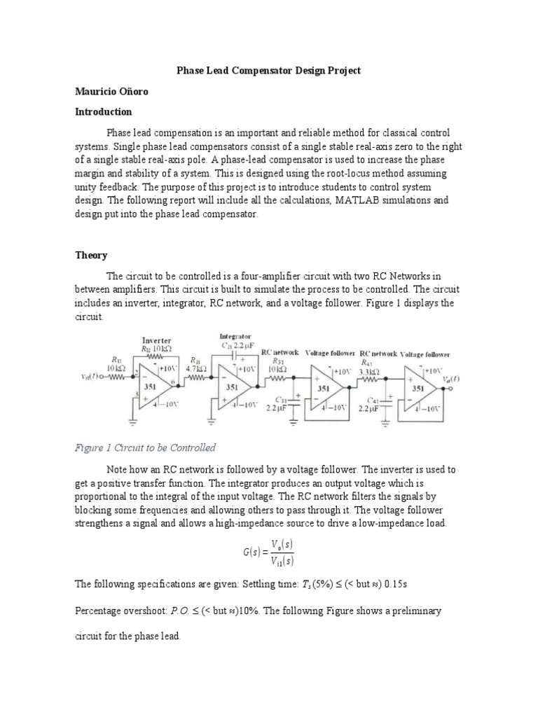 Phase Lead Compensator Design Project Mauricio Oñoro: Figure 1 Circuit ...