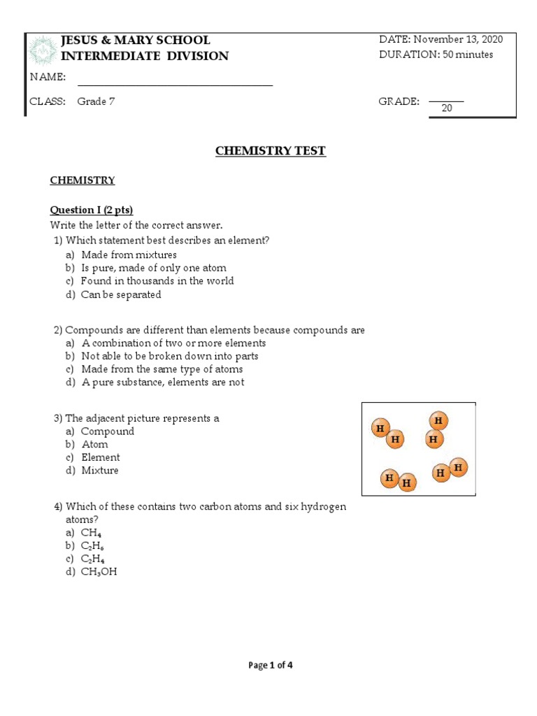 Grade 7 Chemistry Test on Elements and Compounds | PDF | Zinc ...