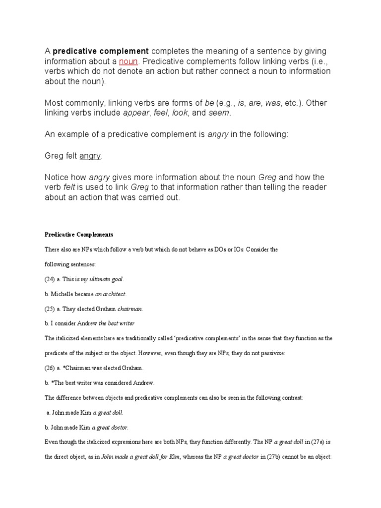 Predicative Complements | PDF | Predicate (Grammar) | Verb