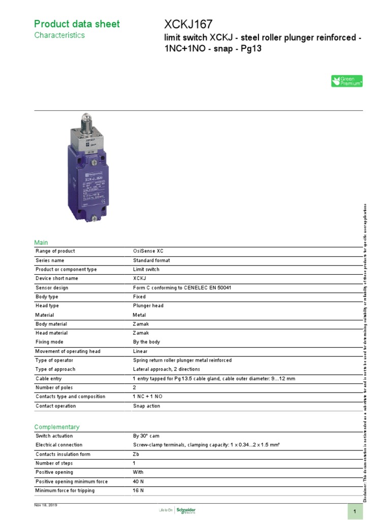 XCKJ167 Limit Switch Data Sheet | PDF | Technology & Engineering