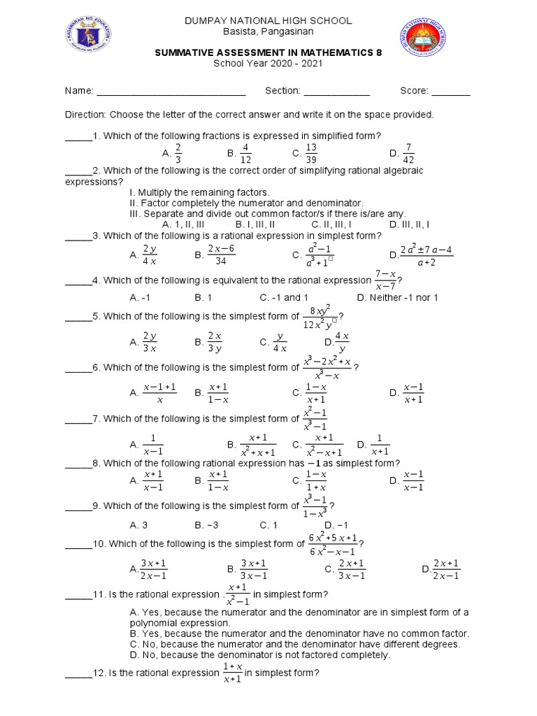 2nd Summative Test SY 2020 - 2021 | PDF | Fraction (Mathematics ...