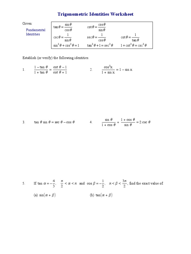 Trigonometric Identities Worksheet | PDF | Sine | Trigonometric Functions