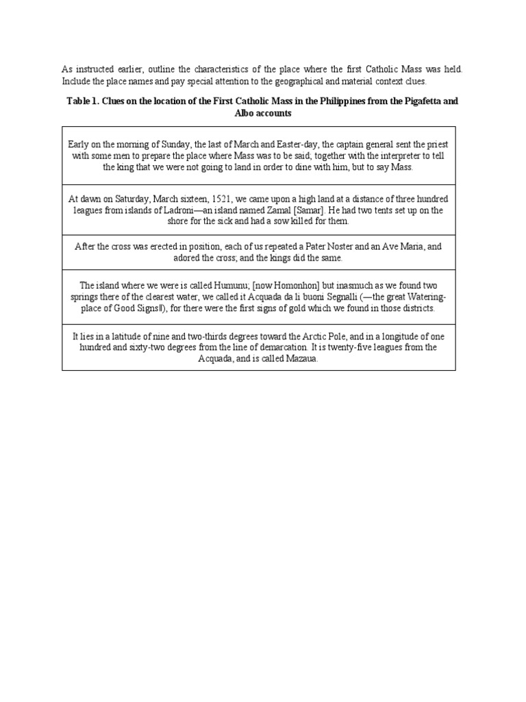 Table 1. Clues On The Location of The First Catholic Mass in The ...