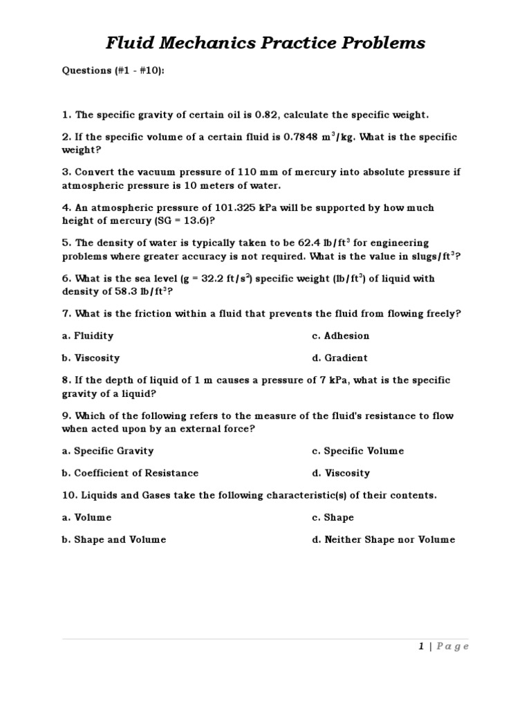 Fluid Mechanics Practice Problems Download Free Pdf Pressure Density