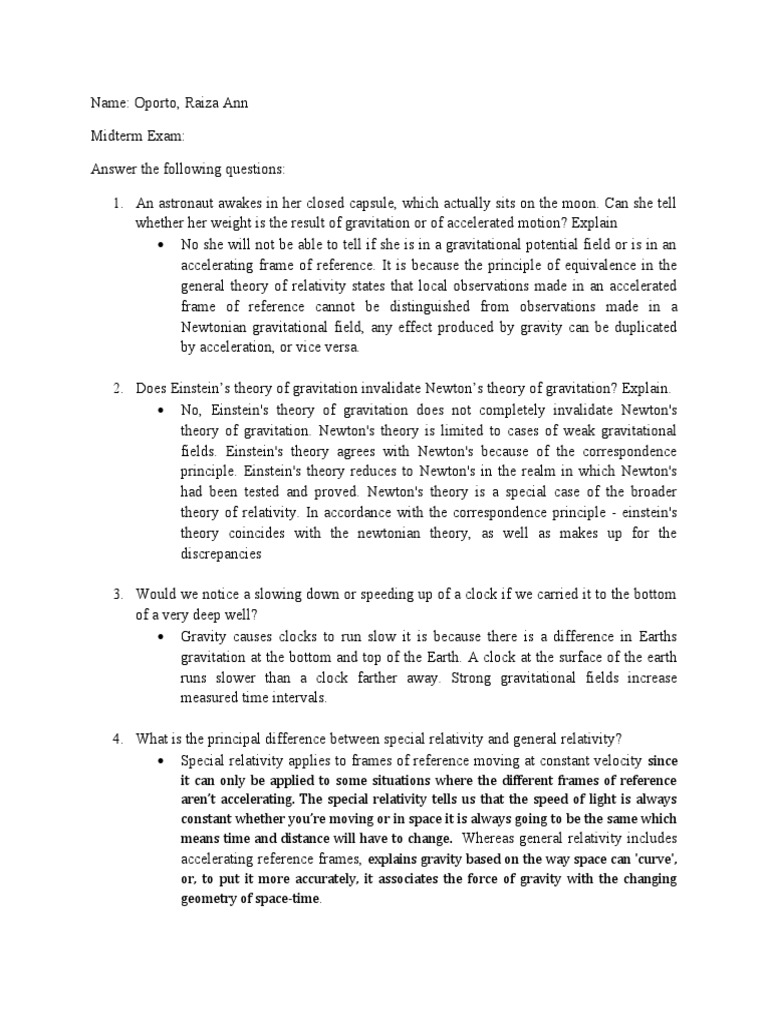 Midterm Exam in Modern Physics | PDF | Gravity | General Relativity
