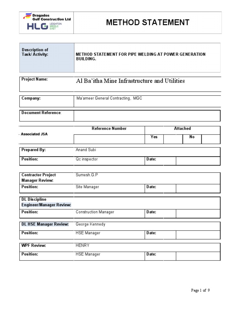 Method Statement Welding | PDF | Welding | Construction