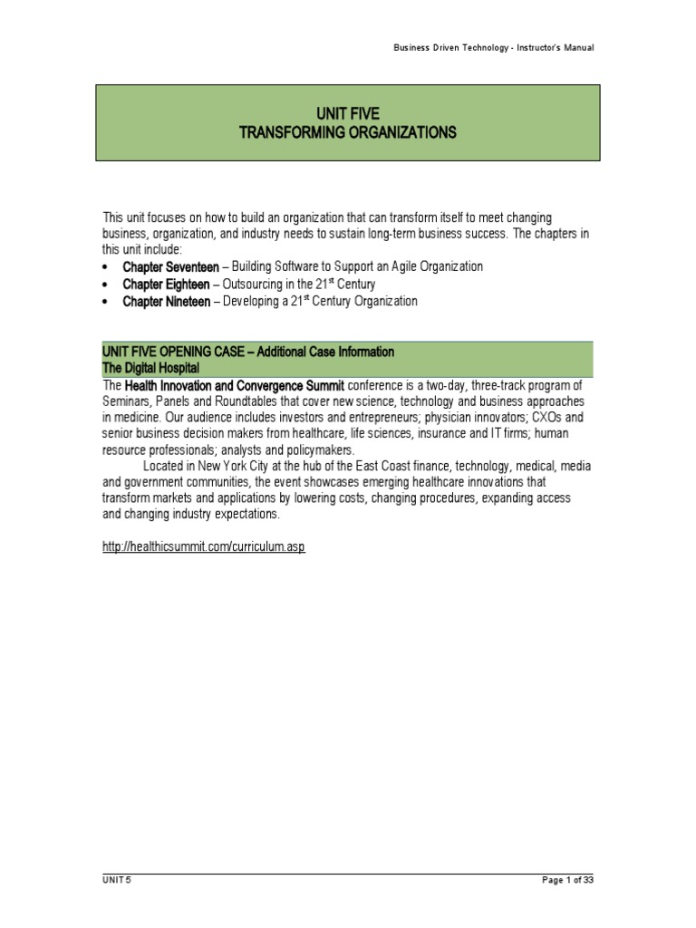 Unit Five Transforming Organizations: Business Driven Technology ...
