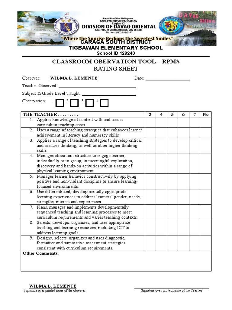 Classroom Obervation Tool - RPMS: Rating Sheet | PDF | Curriculum ...