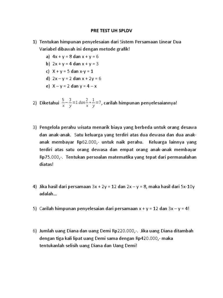 Pre Test Uh SPLDV | PDF