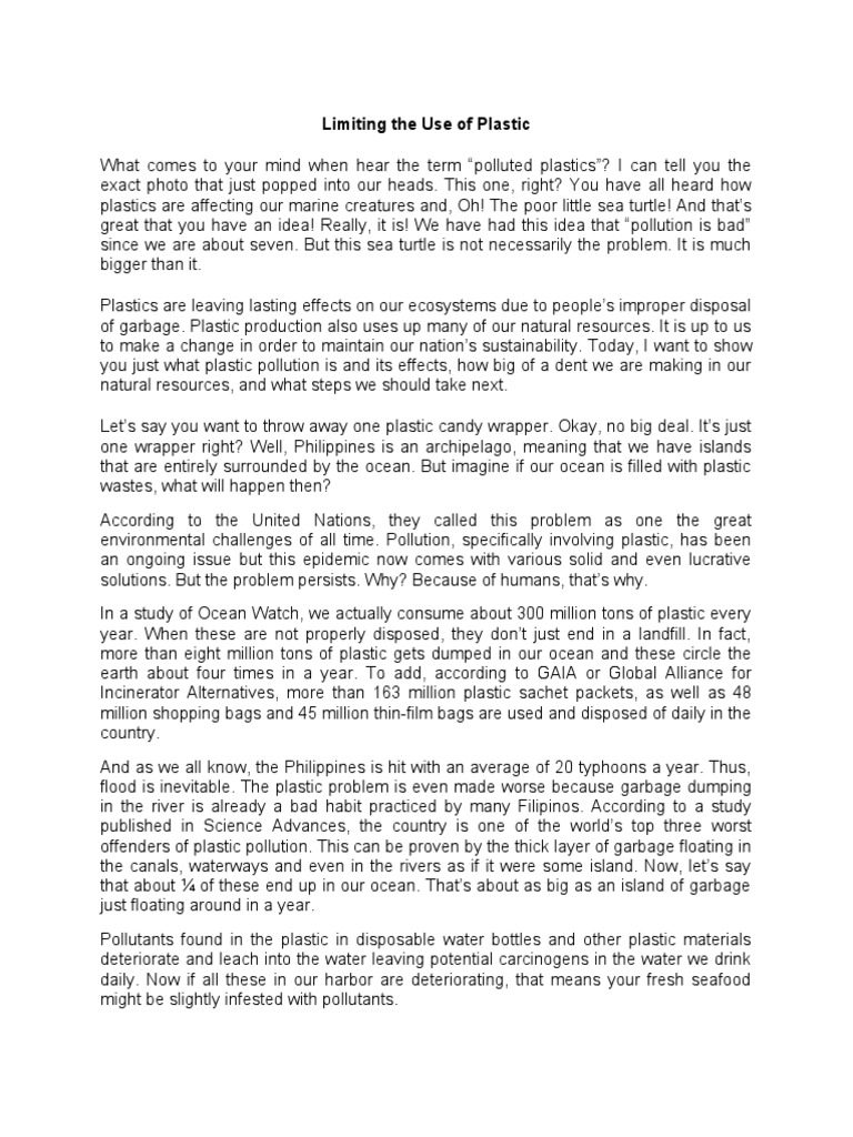 A Persuasive Speech On Limiting The Production and Use of Plastic | PDF ...