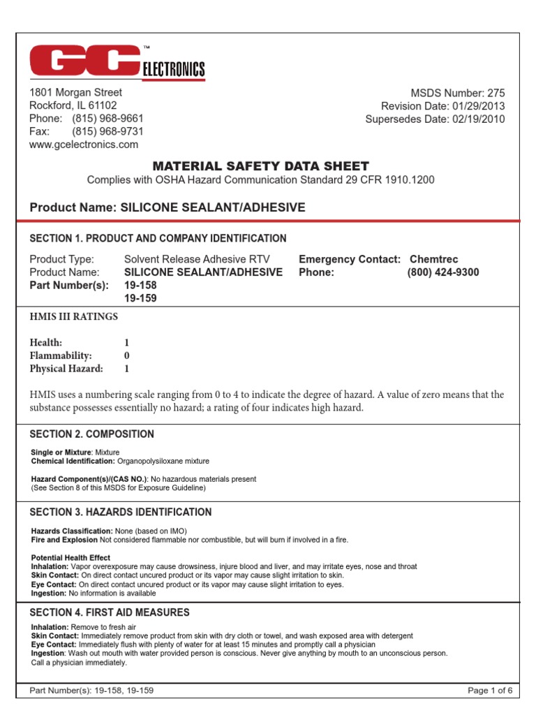 Material Safety Data Sheet: Product Name: Silicone Sealant/Adhesive ...