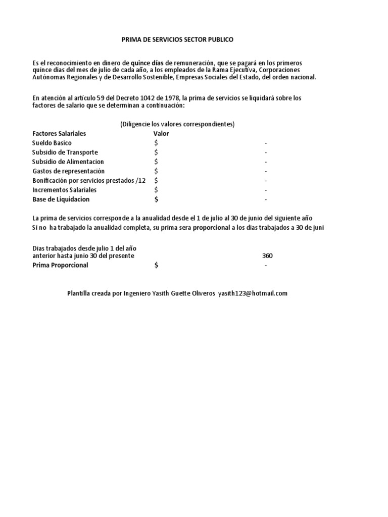 Plantilla para Calcular Prima de Servicio Sector Publico | PDF