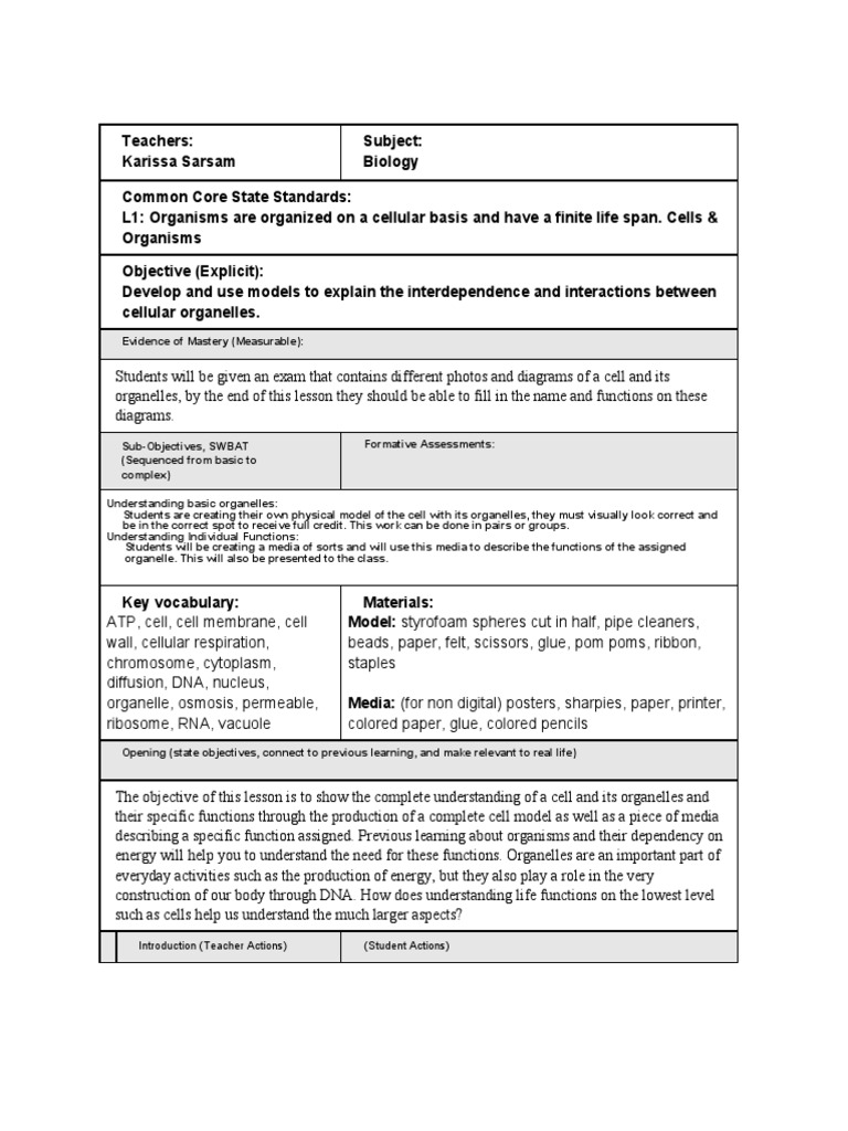 Direct Instruction: Cell Model Lesson Plan | PDF | Cell (Biology ...