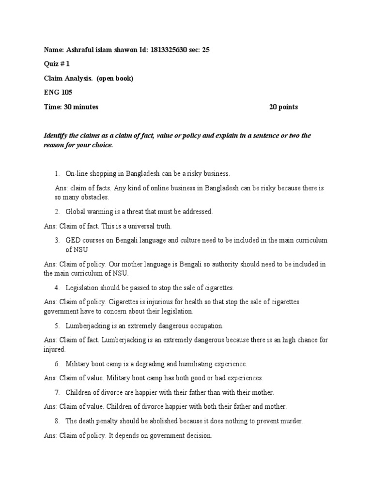 WORKSHEET On Claim Analysis Eng 105 | PDF