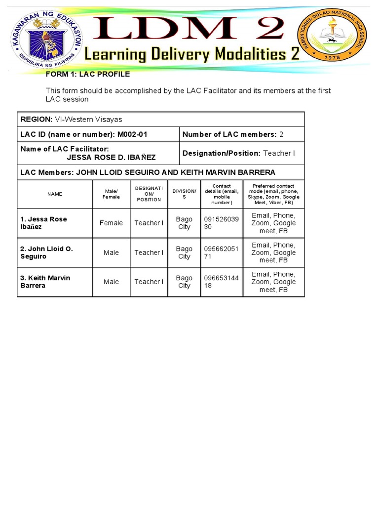 Form 1: Introducing the M002-01 LAC Members and Contact Information | PDF