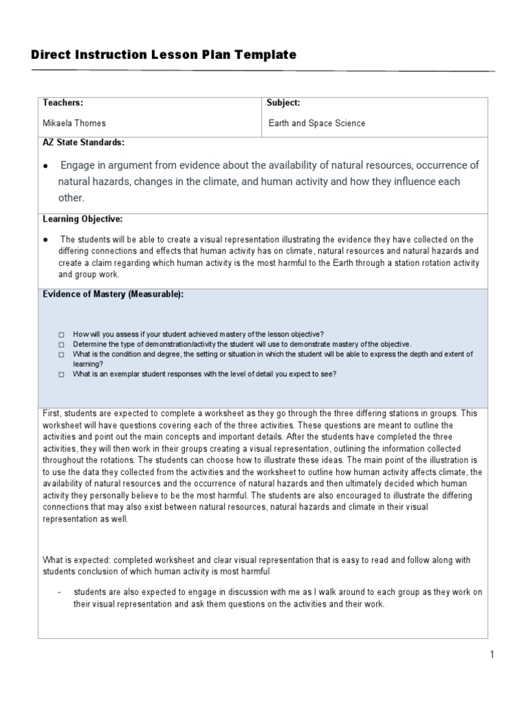 Direct Instruction Lesson Plan Template-Week 6 | PDF | Lesson Plan ...