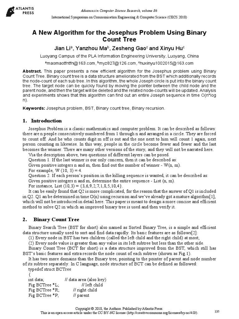A New Algorithm For The Josephus Problem Using Binary Count Tree | PDF | Time Complexity ...