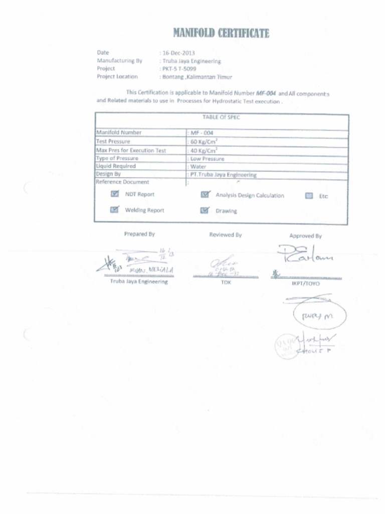 Manifold Certificate - MF-004 | PDF