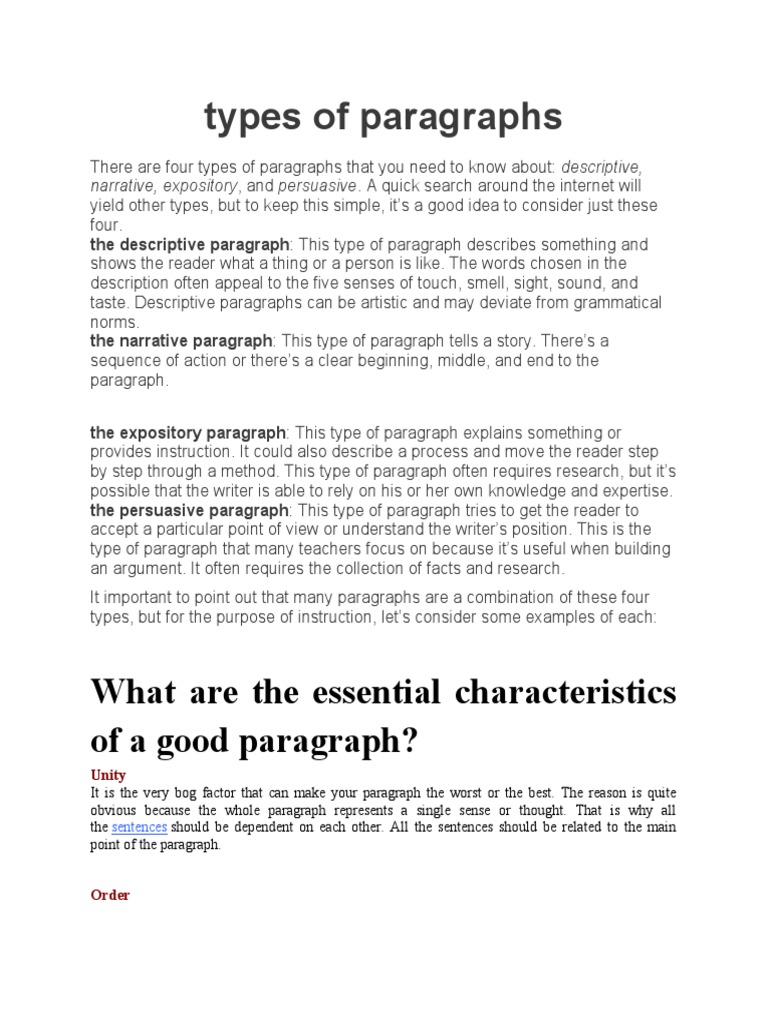 The Four Essential Types of Paragraphs: Descriptive, Narrative ...