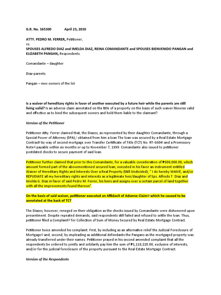 Atty. Ferrer Vs Sps. Diaz, GR 165300 | PDF | Foreclosure | Mortgage Loan