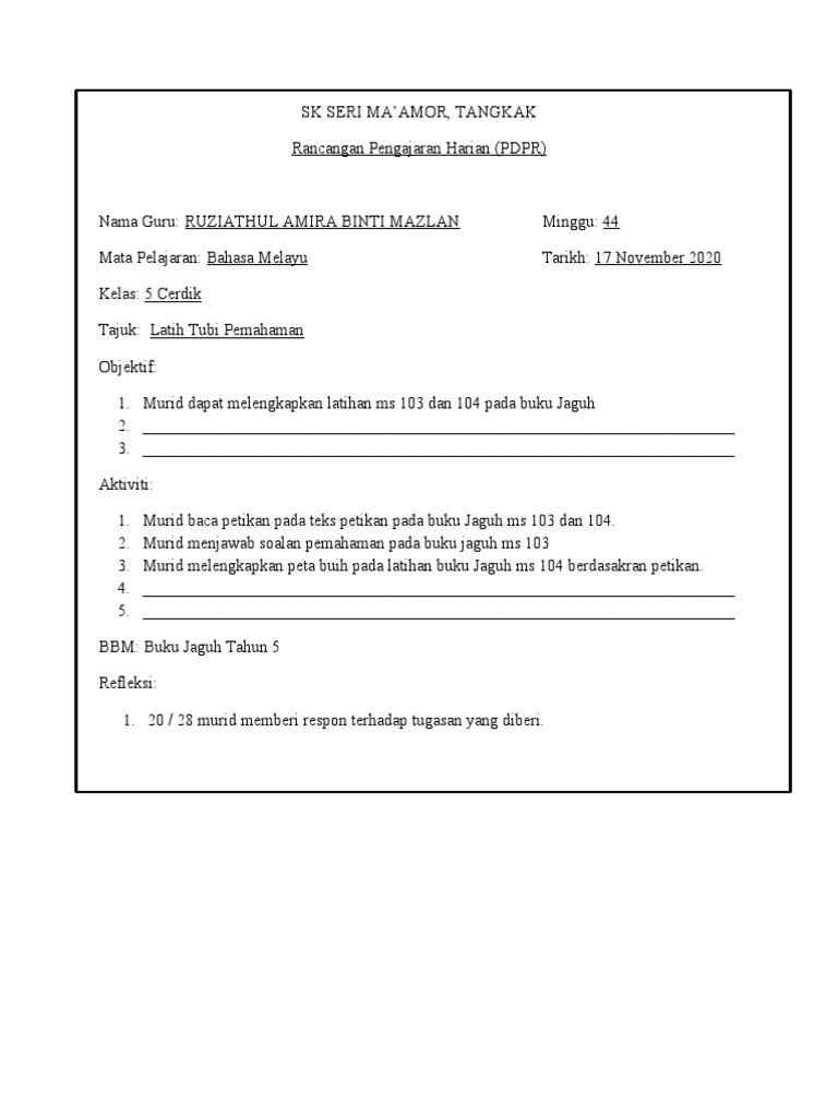 Contoh RPH PDPR MINGGU 42 | PDF